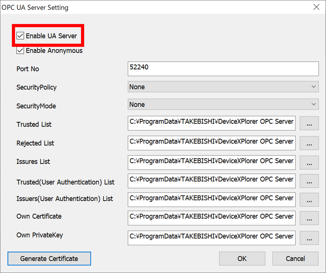 [For Ver.6] How to enable OPC UA Server function.｜FAQ｜TAKEBISHI FAWEB